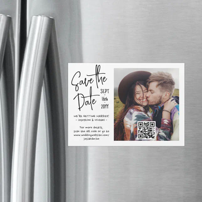 QR Code & Photo Handwritten Wedding Save the Date Magnetic Invitation ...