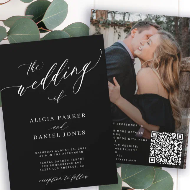 QR code photo modern elegant black wedding Invitation | Zazzle