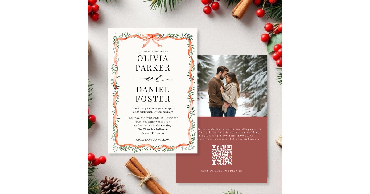 QR Code Photo Red Ribbon & Bow Winter Wedding Invitation | Zazzle