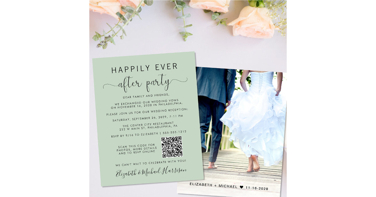 QR Code Photo Sage Wedding Reception Invitation | Zazzle