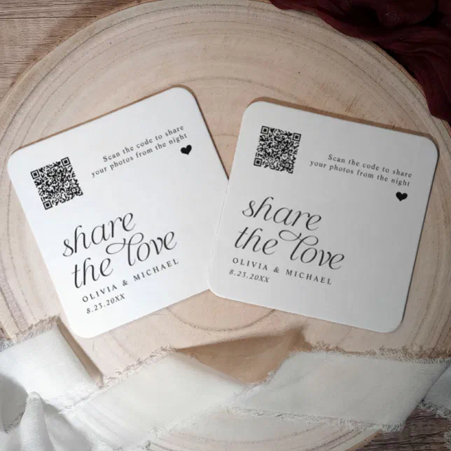 QR Code Photo Sharing Modern Simple Wedding Square Paper Coaster | Zazzle
