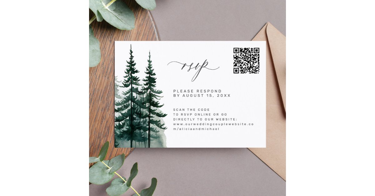 QR code pine trees forest wedding RSVP Card | Zazzle
