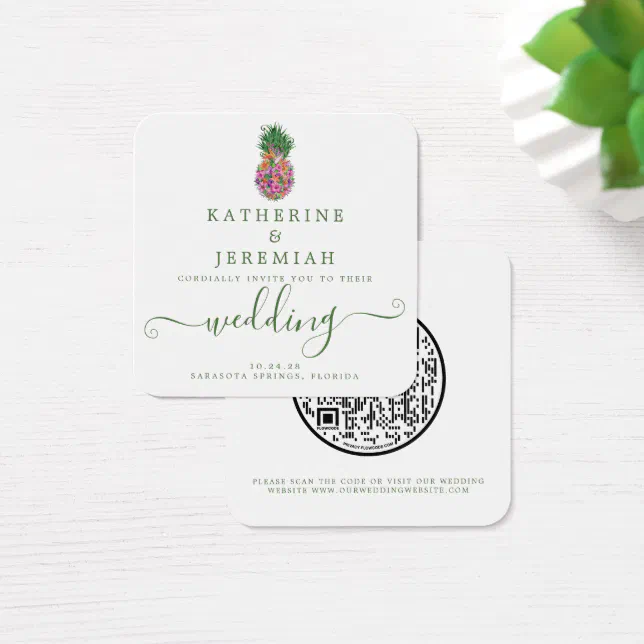 QR Code Pineapple Floral Wedding Invitation | Zazzle
