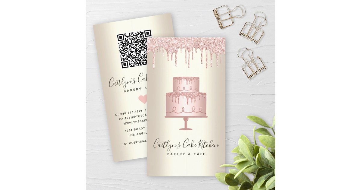 QR Code Pink Cake Glitter Drip Gold Bakery Dessert Business Card | Zazzle