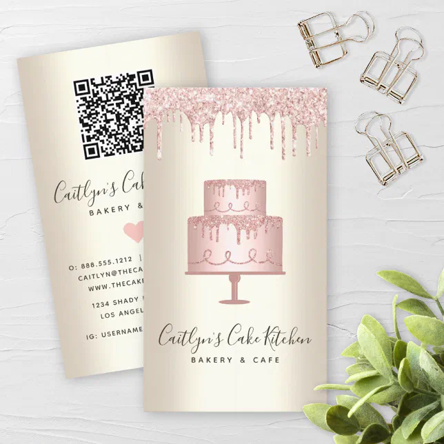 QR Code Pink Cake Glitter Drip Gold Bakery Dessert Business Card | Zazzle
