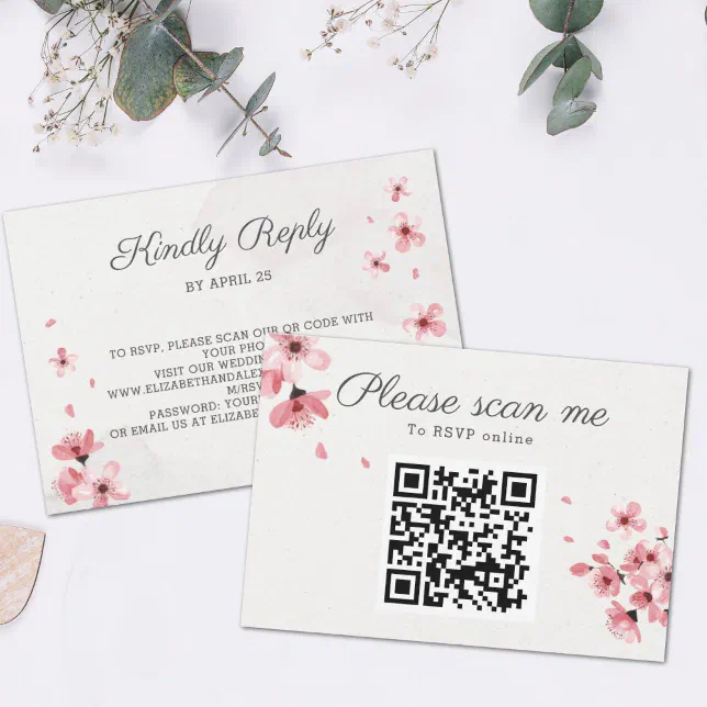 QR Code Pink cherry blossom chic floral wedding RSVP Card | Zazzle
