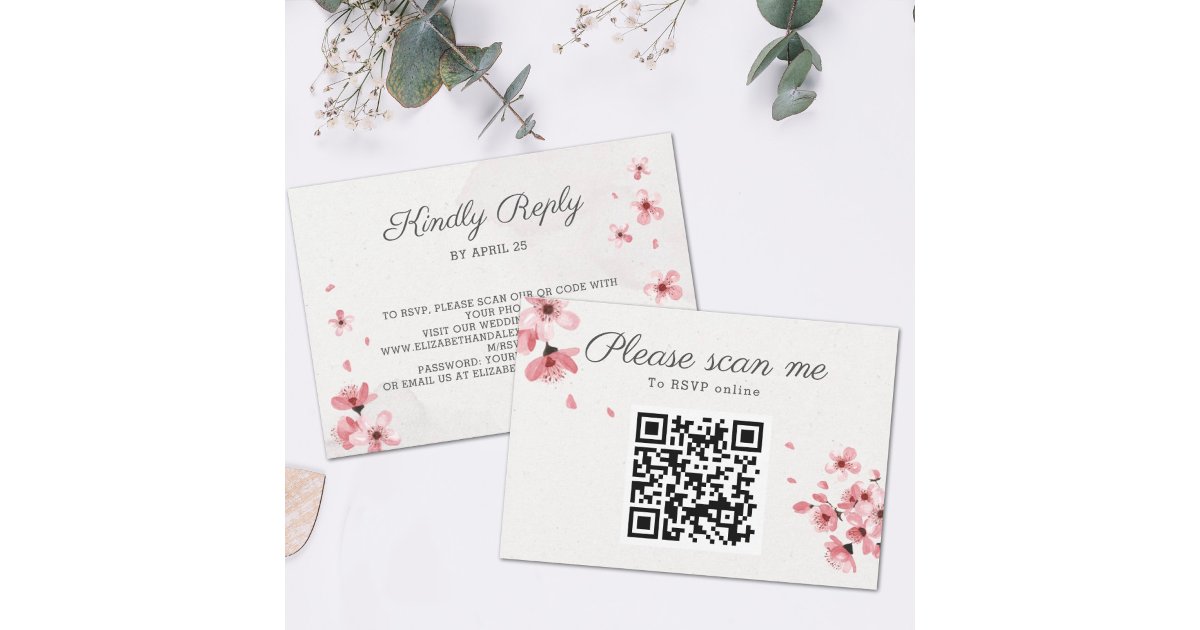 QR Code Pink cherry blossom chic floral wedding RSVP Card | Zazzle