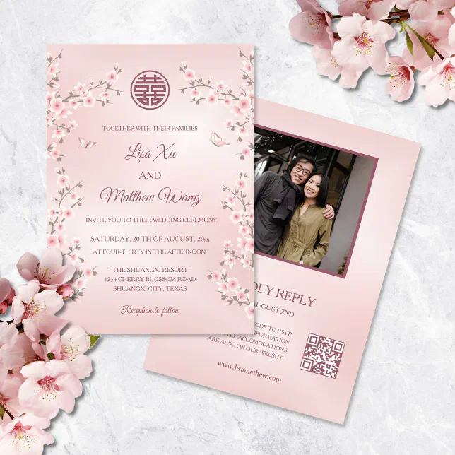 QR Code Pink Cherry Blossom Photo Chinese Wedding Invitation | Zazzle