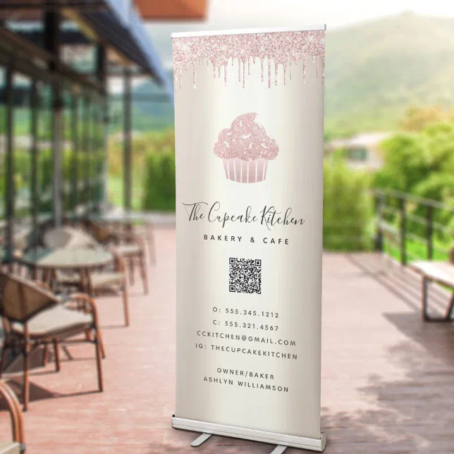 QR Code Pink Cupcake Bakery Café Glitter Drip Gold Retractable Banner ...