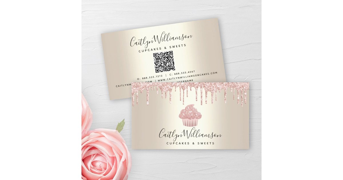 QR Code Pink Cupcake Bakery Chef Glitter Drip Gold Business Card | Zazzle