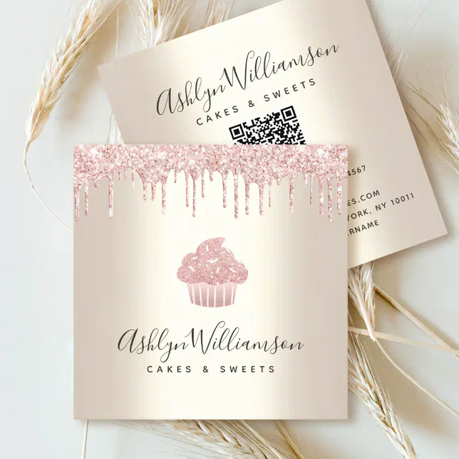 QR Code Pink Cupcake Glitter Drip Bakery Chef Gold Square Business Card ...