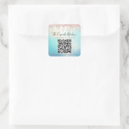 QR Code Pink Glitter Drip Blue Watercolor Business Square Sticker | Zazzle