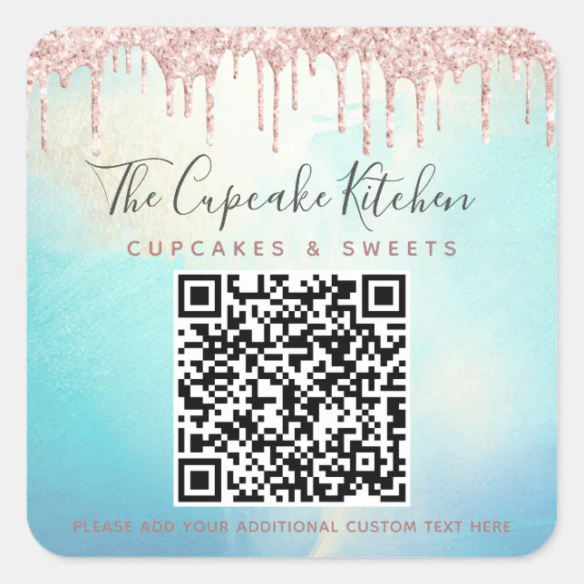 QR Code Pink Glitter Drip Blue Watercolor Business Square Sticker | Zazzle