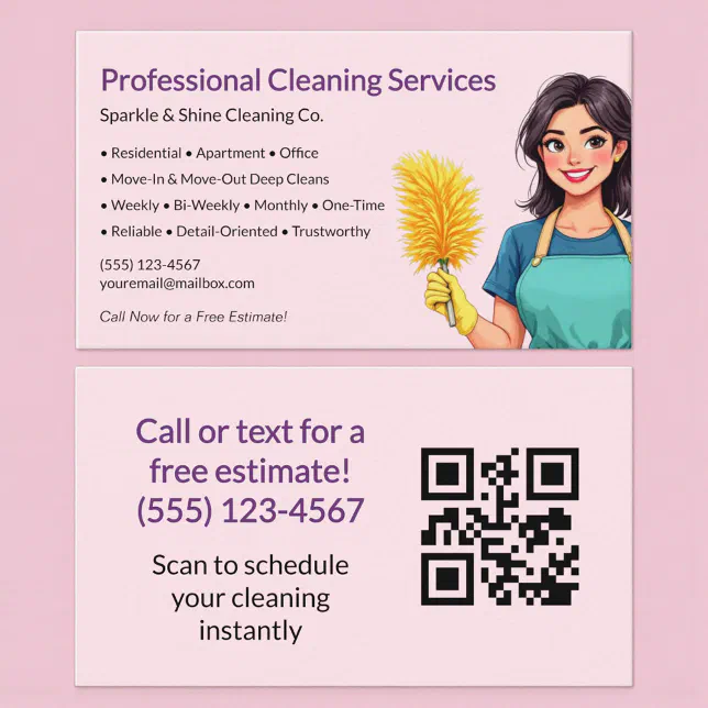 QR Code Pink Maid House Cleaning Service Business Card | Zazzle