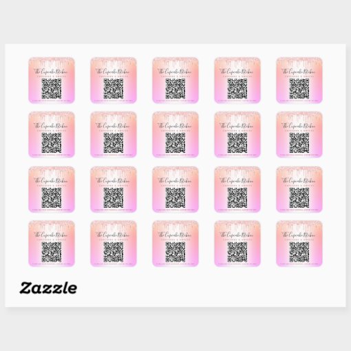 QR Code Pink Rose Glitter Drips Rainbow Ombre Name Square Sticker | Zazzle