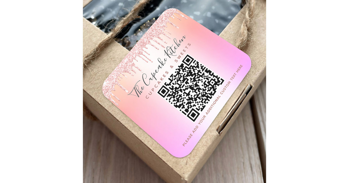 QR Code Pink Rose Glitter Drips Rainbow Ombre Name Square Sticker | Zazzle