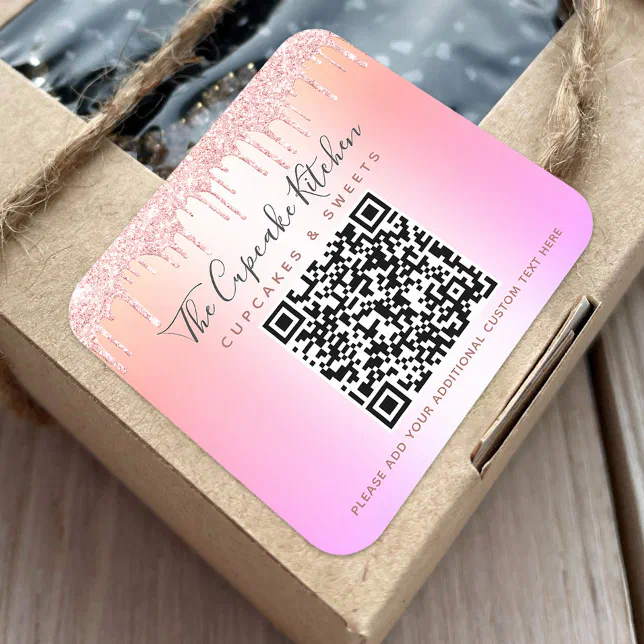 QR Code Pink Rose Glitter Drips Rainbow Ombre Name Square Sticker | Zazzle