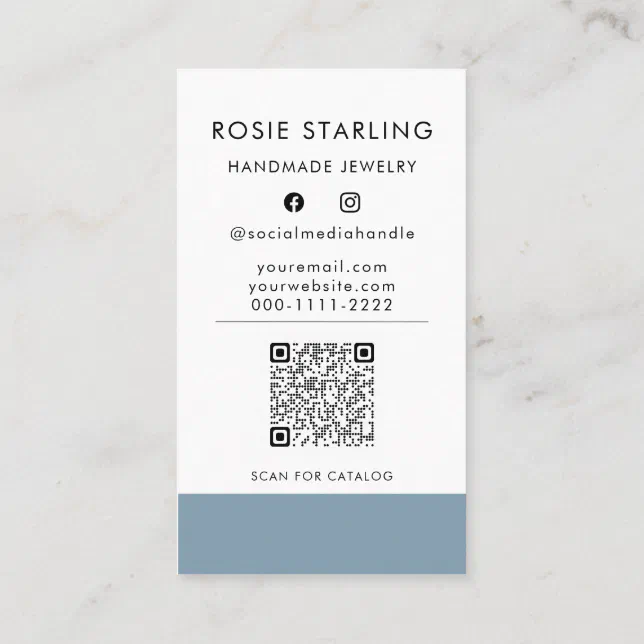 QR Code Pretty Script Artisan Pale Blue Vertical Business Card | Zazzle