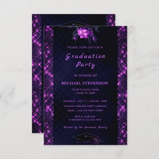 QR Code Purple Black Graduation Party Invitation | Zazzle