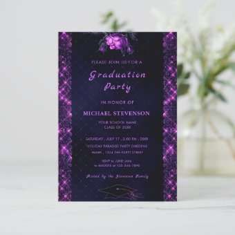 QR Code Purple Black Graduation Party Invitation | Zazzle