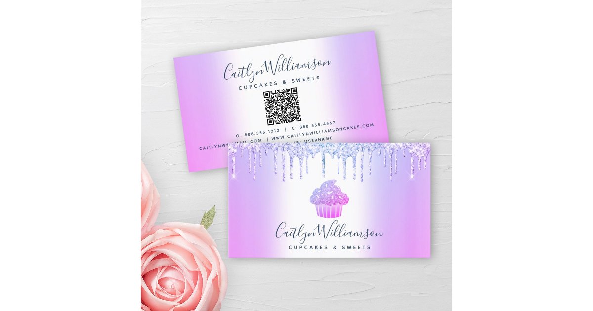 QR Code Purple Cupcake Bakery Pastry Glitter Drips Business Card | Zazzle