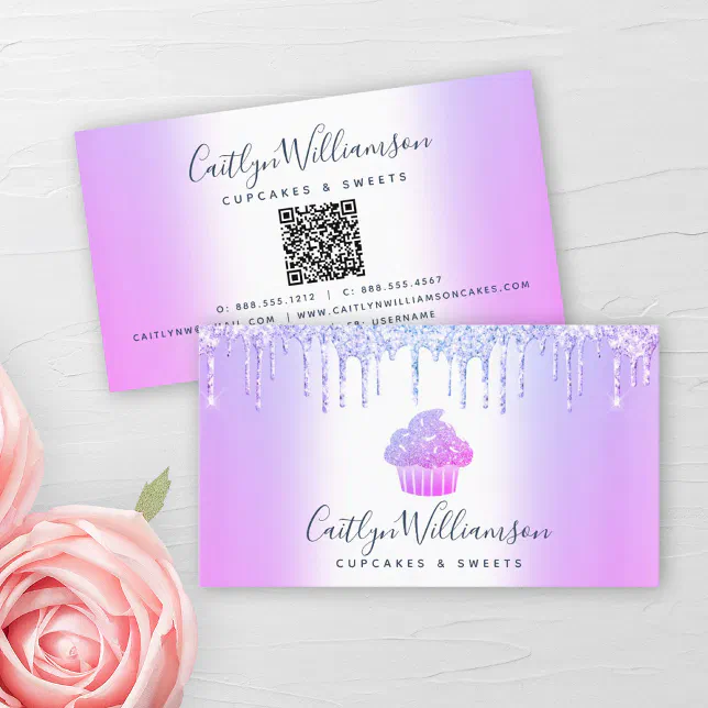 QR Code Purple Cupcake Bakery Pastry Glitter Drips Business Card | Zazzle