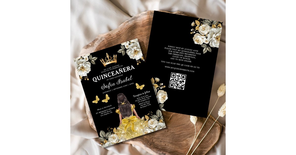 QR Code Quinceanera Floral Gold Princess Invitation | Zazzle