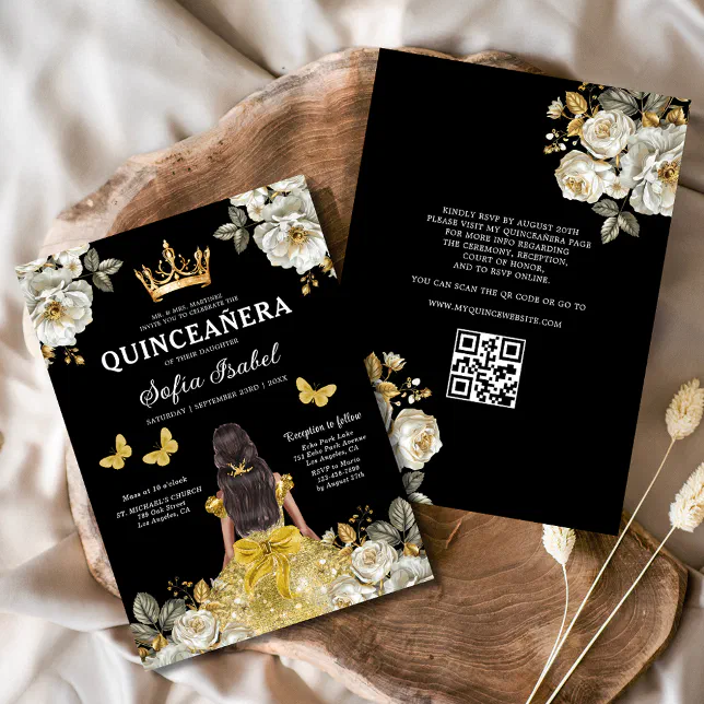 QR Code Quinceanera Floral Gold Princess Invitation | Zazzle