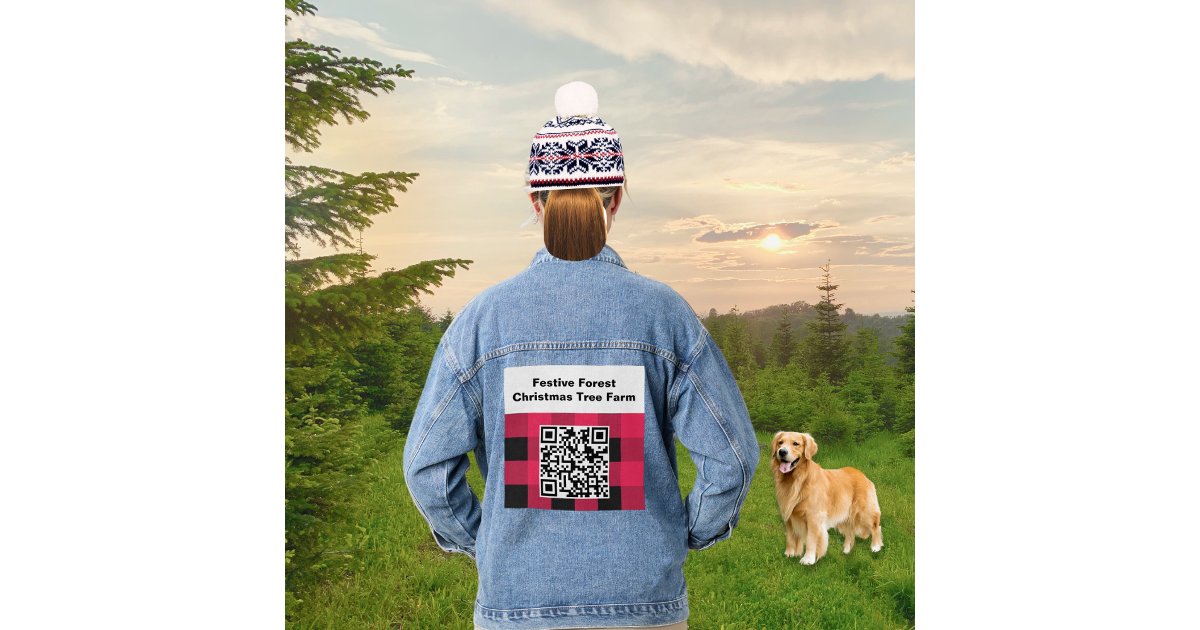 QR Code Red Buffalo Plaid Check Rustic Barcode Denim Jacket | Zazzle