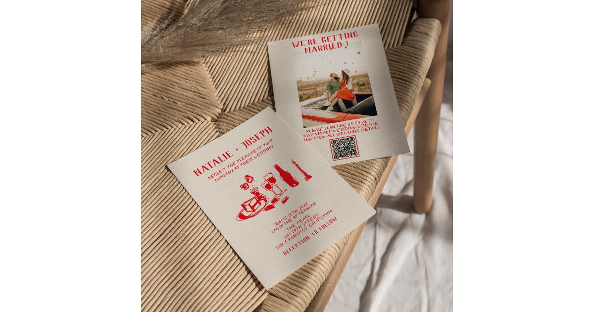 QR Code Red Hand Drawn Scribble Quirky Wedding Invitation | Zazzle