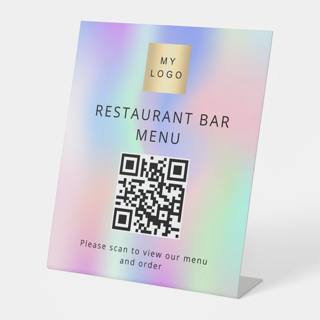 QR code restaurant cafe bar scan menu holographic Pedestal Sign | Zazzle