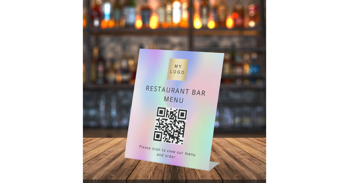 QR code restaurant cafe bar scan menu holographic Pedestal Sign | Zazzle