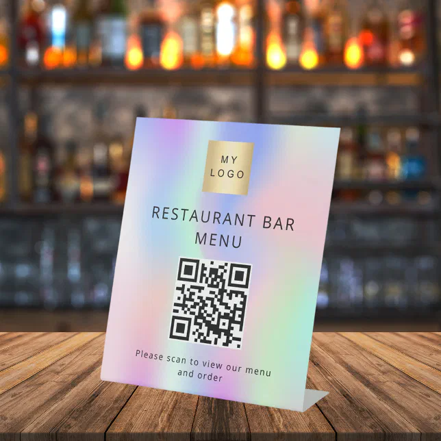 QR code restaurant cafe bar scan menu holographic Pedestal Sign | Zazzle