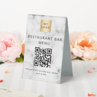 QR code restaurant cafe bar scan menu logo marble Table Tent Sign | Zazzle