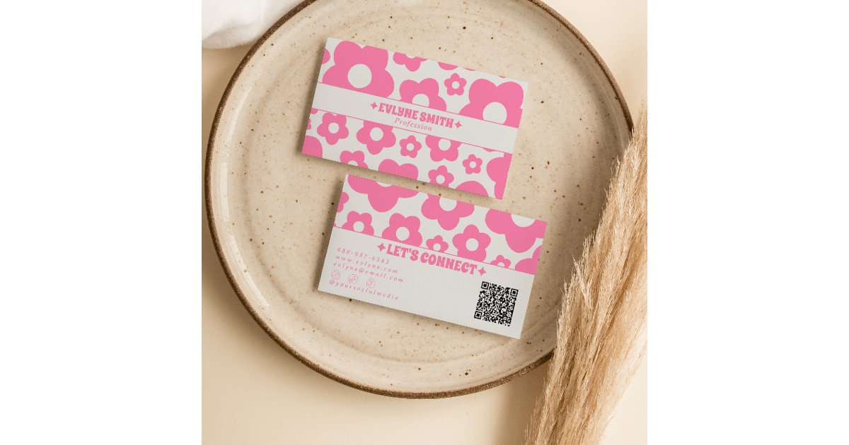 QR Code Retro Pink Groovy Floral Boho Girly Trendy Business Card | Zazzle