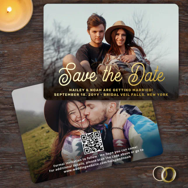 QR Code Retro Script 2 Photo Wedding Save the Date Foil Invitation | Zazzle
