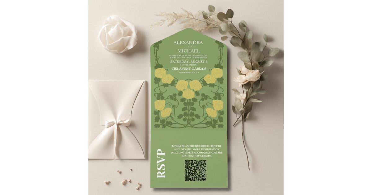 QR Code Romantic Art Nouveau Wedding All In One Invitation | Zazzle
