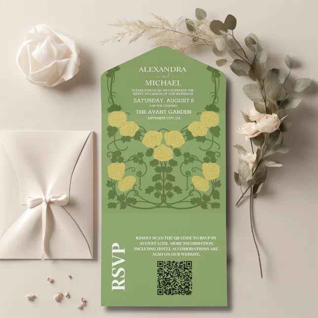 QR Code Romantic Art Nouveau Wedding All In One Invitation | Zazzle