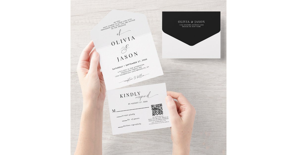 QR Code Romantic Script Black White Wedding Rsvp All In One Invitation ...