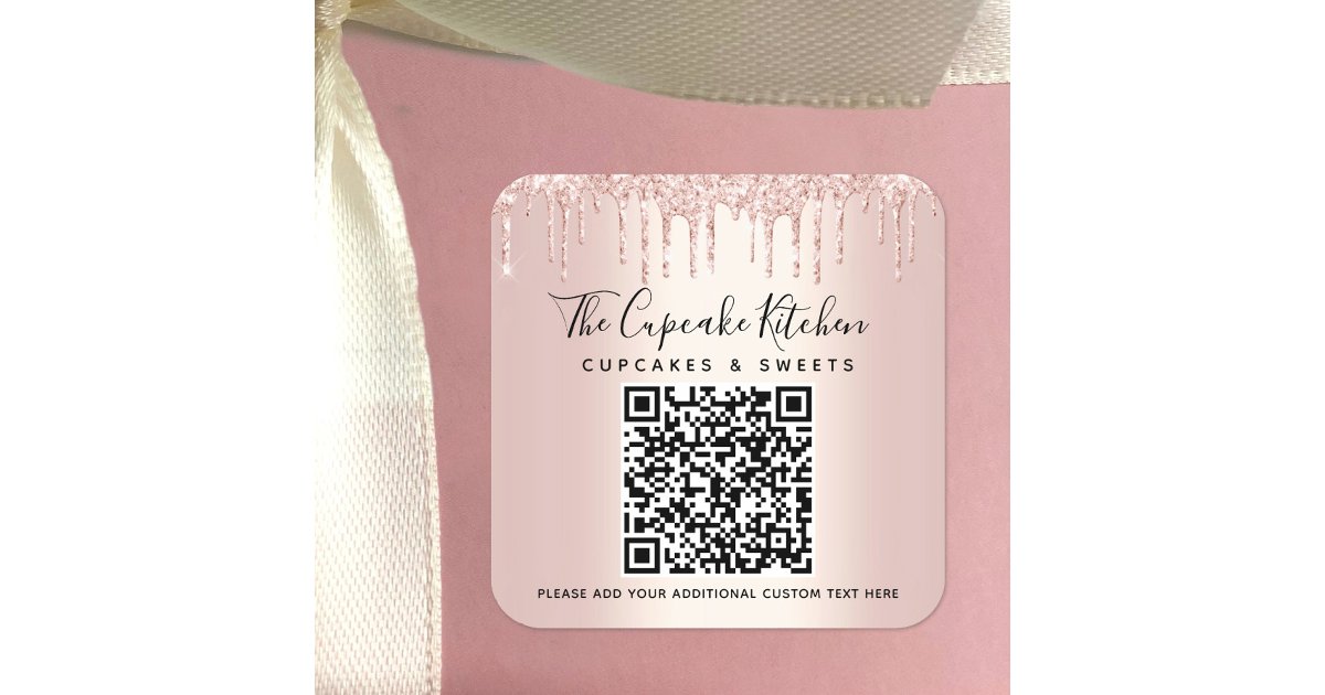 QR Code Rose Gold Glitter Drips Business Name Square Sticker | Zazzle