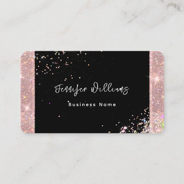 QR Code Rose Gold Glitter Trendy Black Business Card | Zazzle