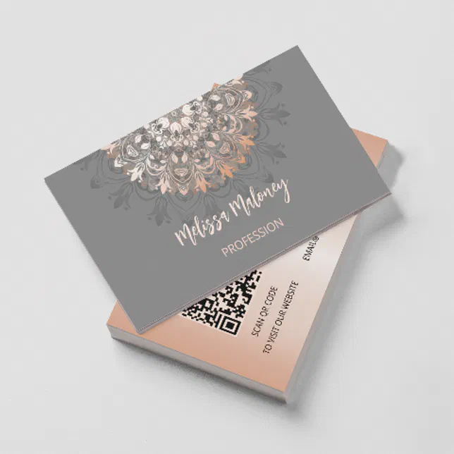 QR Code | Rose Gold Gray Floral Mandala Business Card | Zazzle
