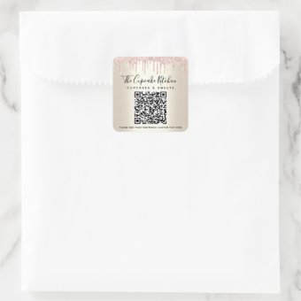 QR Code Rose Pink Glitter Drips Gold Business Name Square Sticker | Zazzle