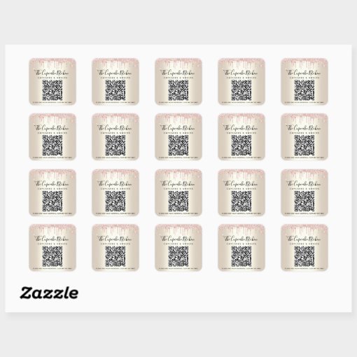 QR Code Rose Pink Glitter Drips Gold Business Name Square Sticker | Zazzle