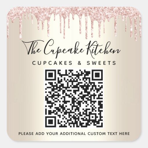 QR Code Rose Pink Glitter Drips Gold Business Name Square Sticker | Zazzle