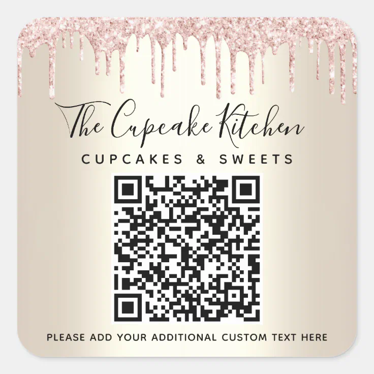 QR Code Rose Pink Glitter Drips Gold Business Name Square Sticker | Zazzle