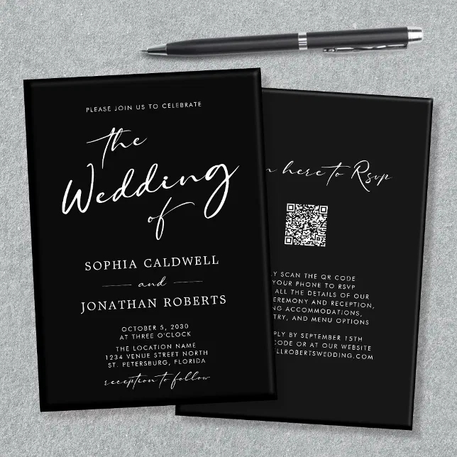 QR Code RSVP Calligraphy Black and White Wedding I Invitation | Zazzle
