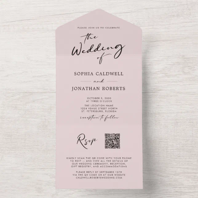 QR Code RSVP Calligraphy Chic Blush Pink Wedding All In One Invitation ...