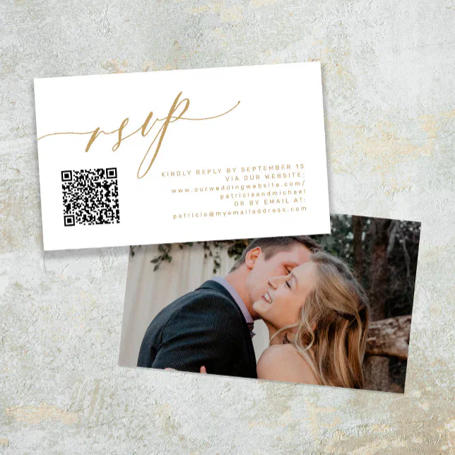 QR code RSVP modern gold photo wedding website Enclosure Card | Zazzle