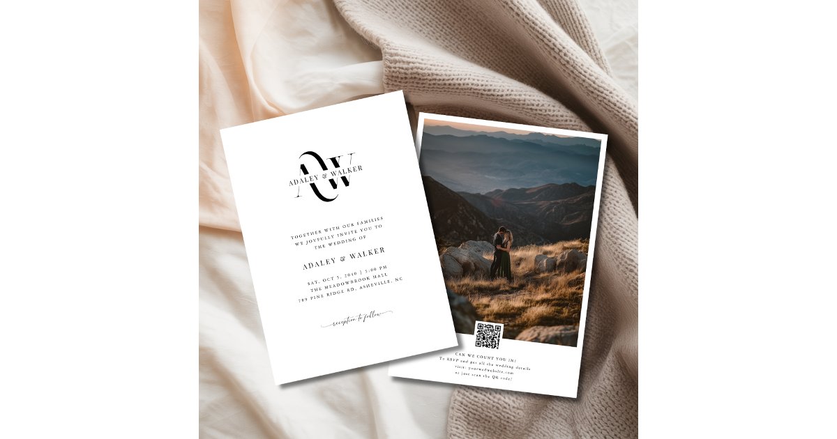 QR Code RSVP Monogram Rustic Sunset Photo Wedding Invitation | Zazzle